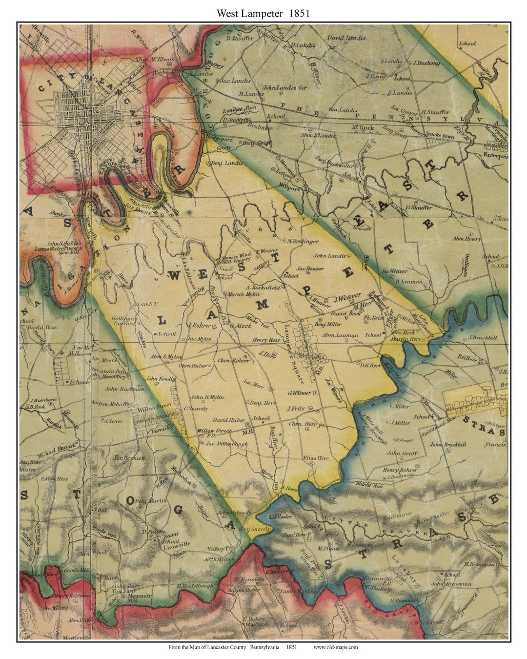 West Lampeter 1851 Old Town Map With Homeowner Names - Pennsylvania ...