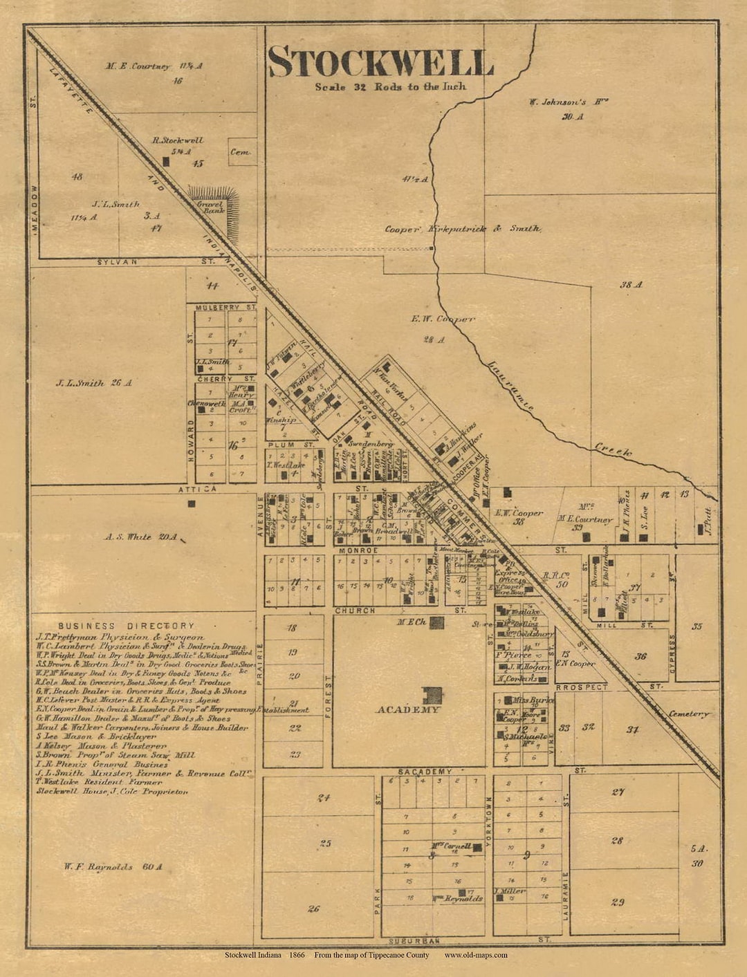 Stockwell 1866 Old Town Map With Homeowner Names Indiana Lauramie ...