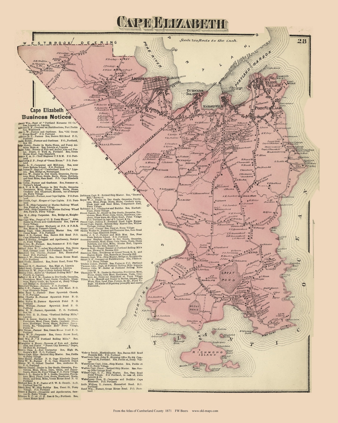 Cape Elizabeth 1871 Map Homeowner Names Reprint Cumberland Co Beers ...
