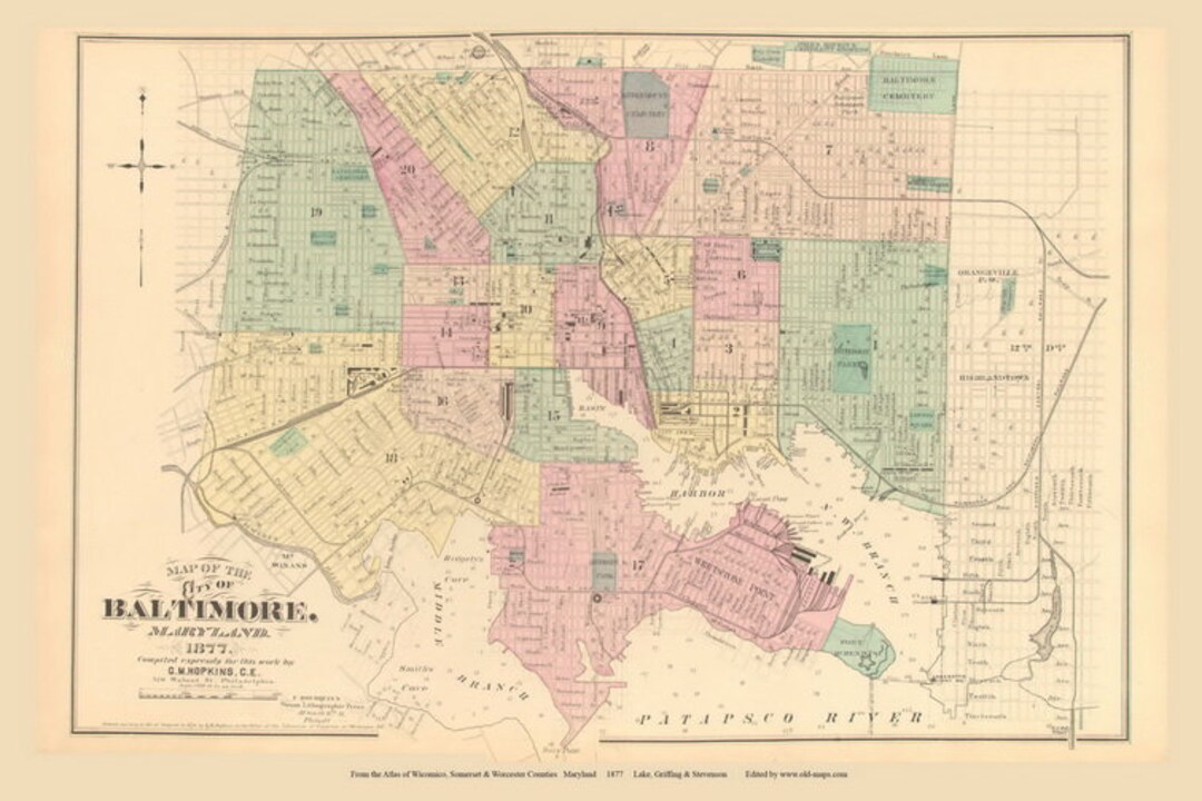 City of Baltimore 1877 Old Town Map - Maryland - Reprint Atlas WSW Co ...