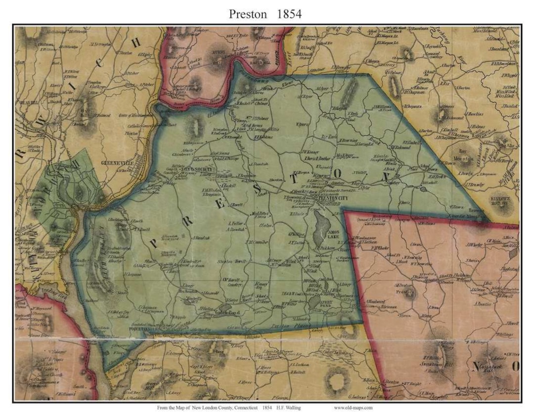 Preston Connecticut 1854 Old Town Map With Homeowner Names - Reprint ...