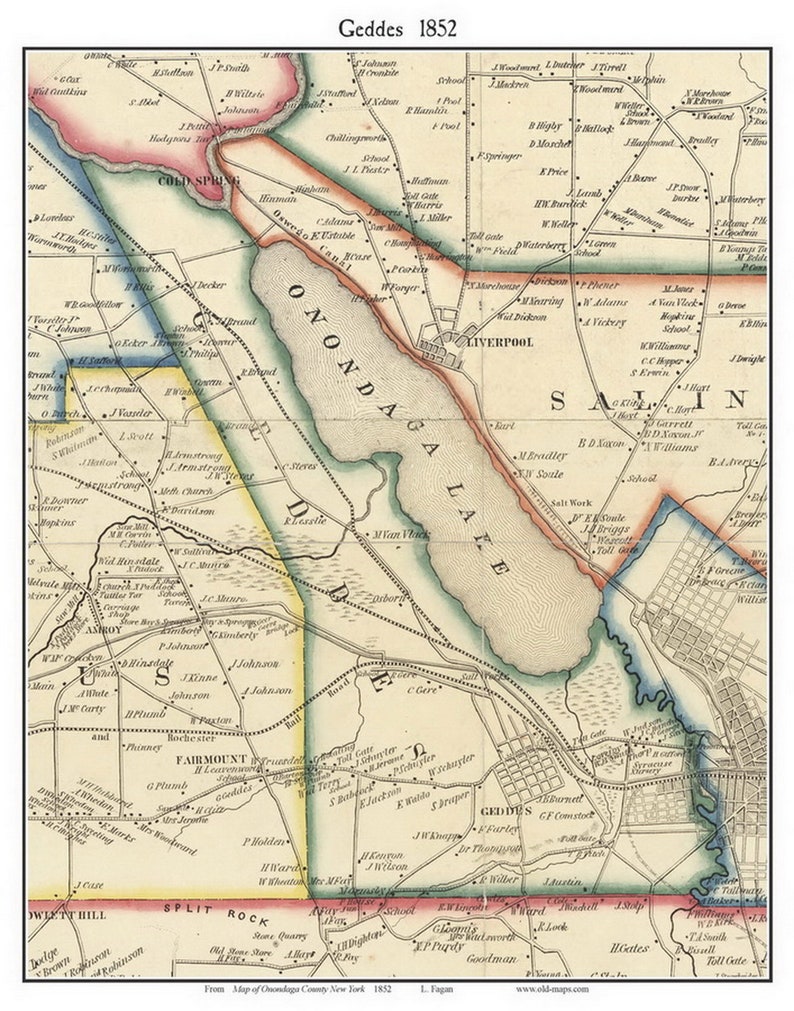 Geddes 1852 Old Town Map With Homeowner Names New York Onondaga Lake ...