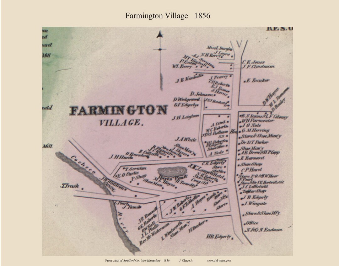 Farmington Village 1856 Old Town Map With Homeowner Names New Hampshire ...