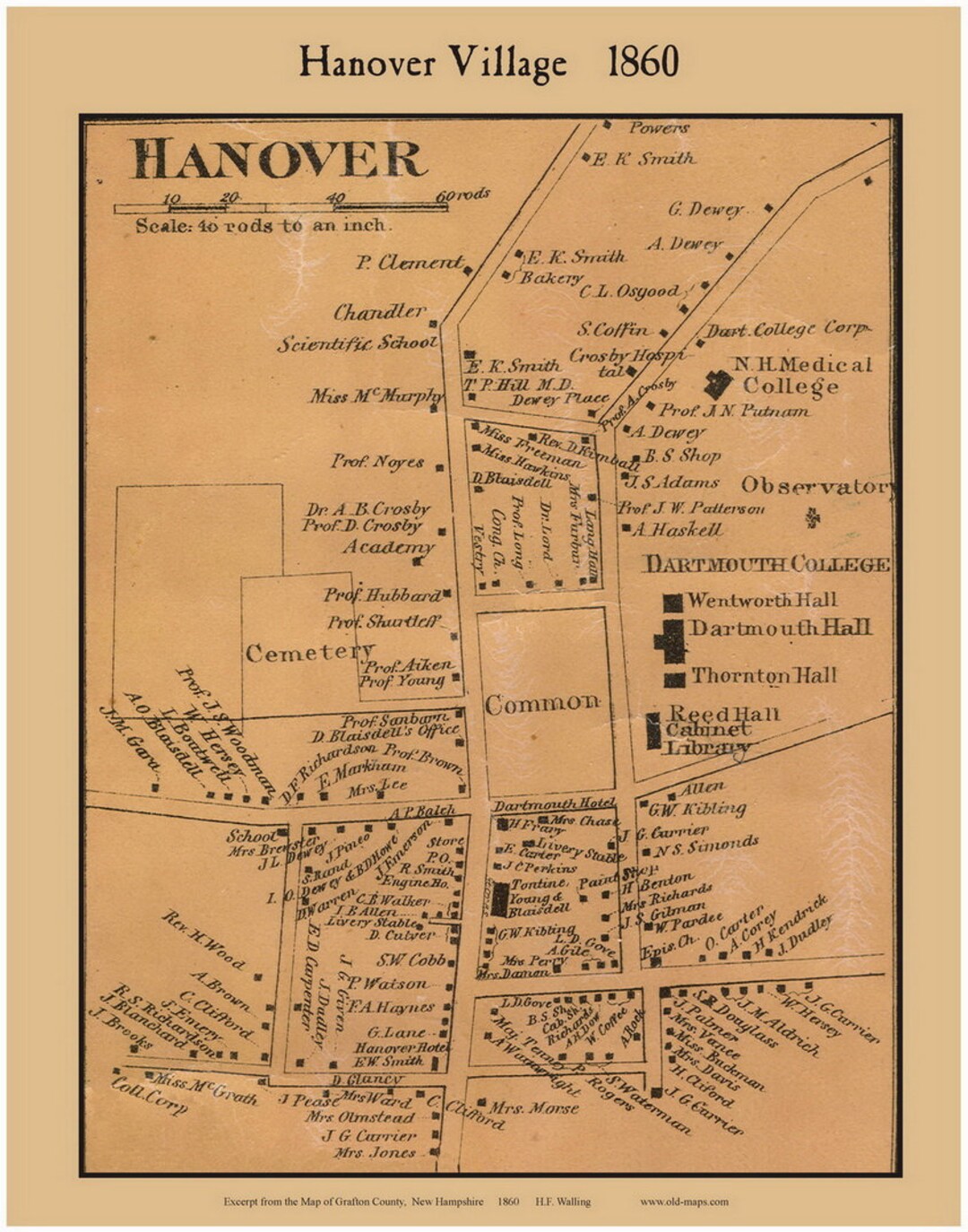 Hanover Village 1860 Old Town Map With Homeowner Names New Hampshire ...