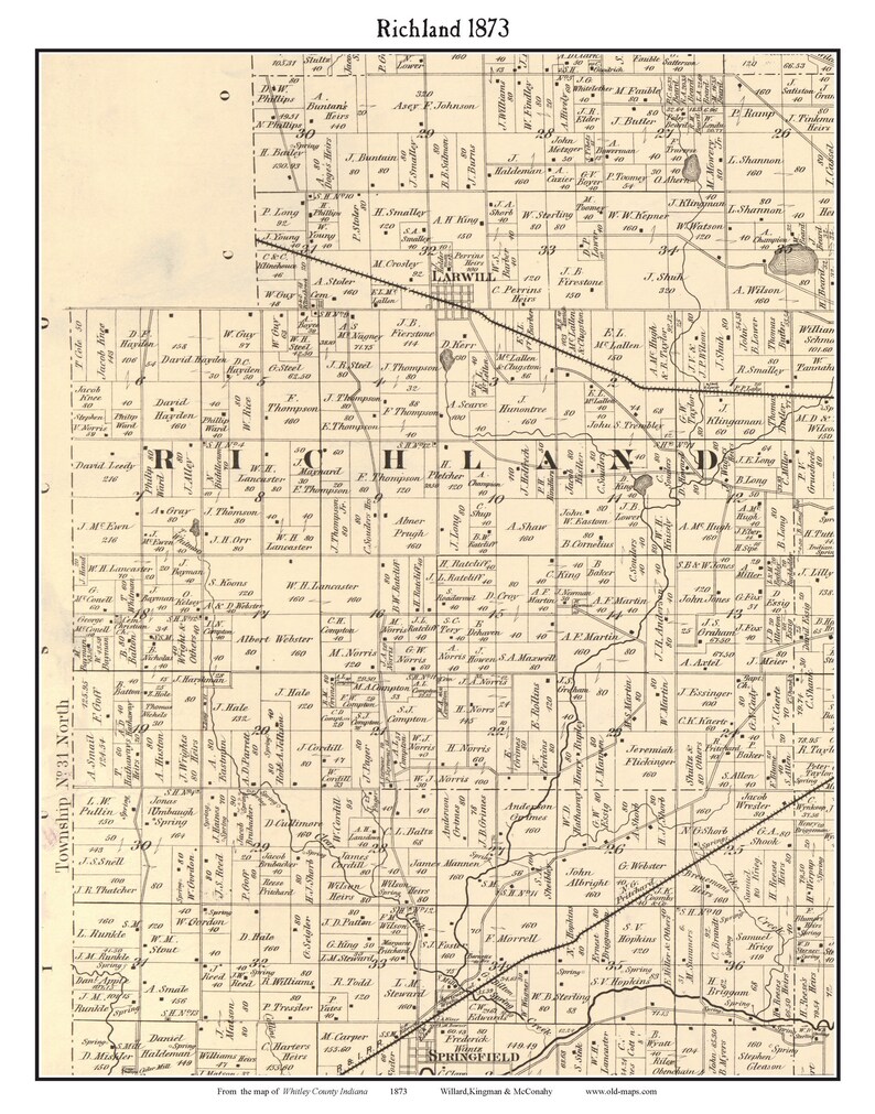 Richland 1873 Old Town Map With Homeowner Names Indiana - Etsy