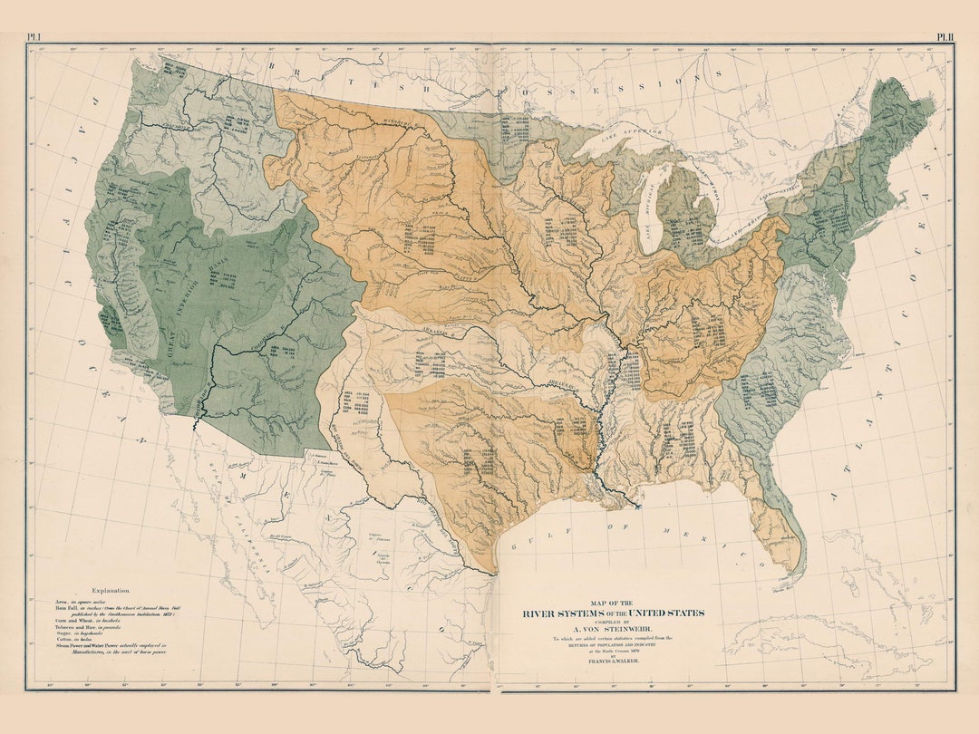 USA Rivers Map 1872 Reprint 9th Census Atlas - Etsy