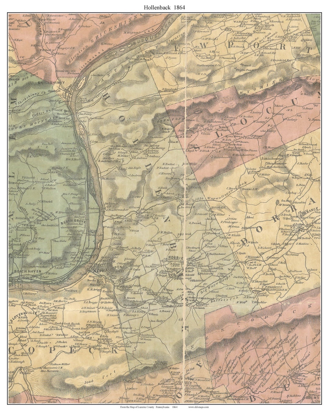 Hollenback 1864 Old Town Map With Homeowner Names - Pennsylvania ...