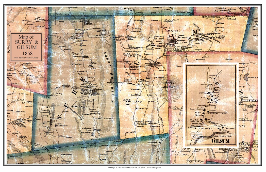 Surry & Gilsum 1858 Old Town Map With Homeowner Names New Hampshire ...
