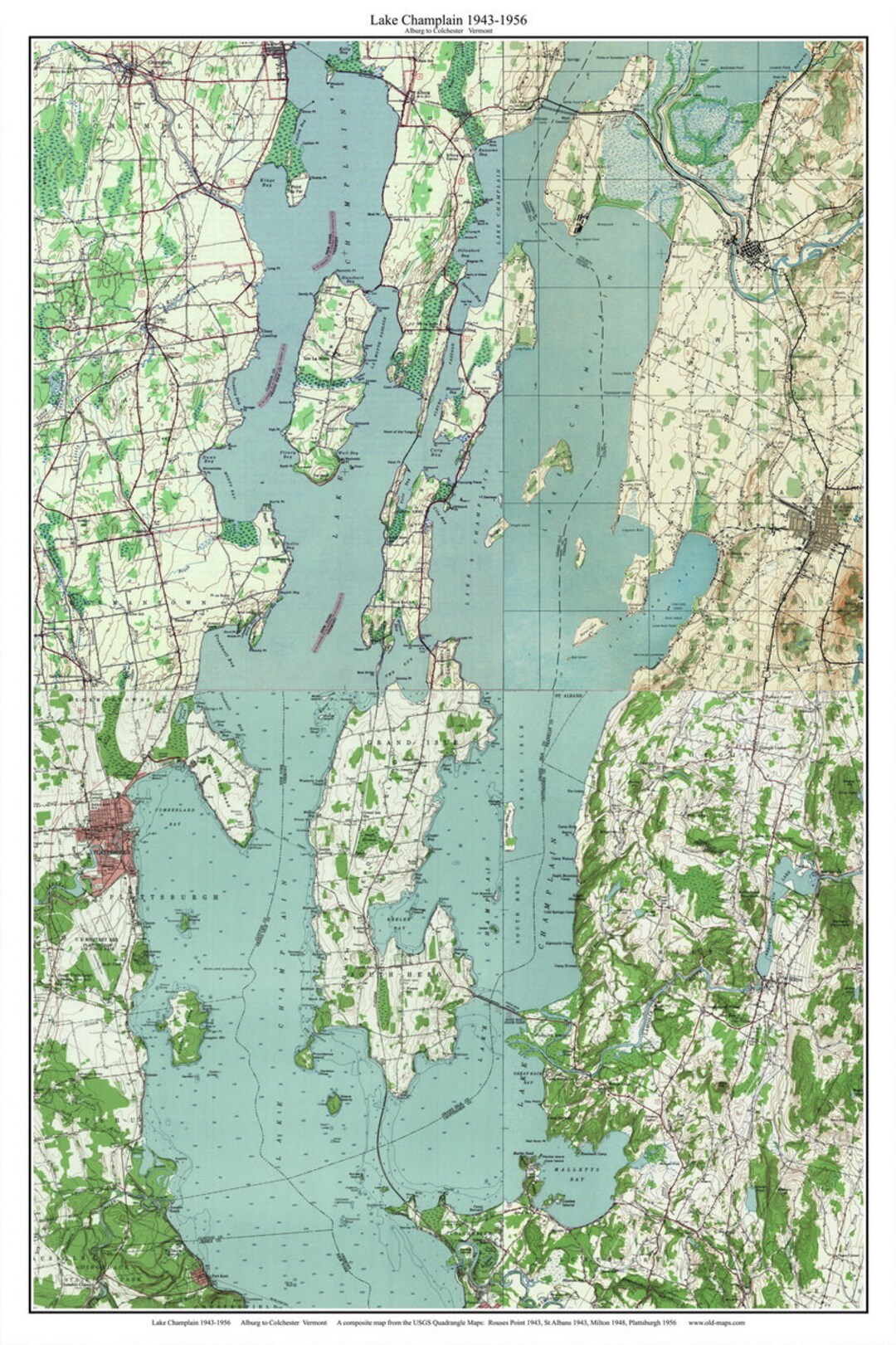 Lake Champlain North 1943-1956 Alburg to Colchester Old Topographic Map ...