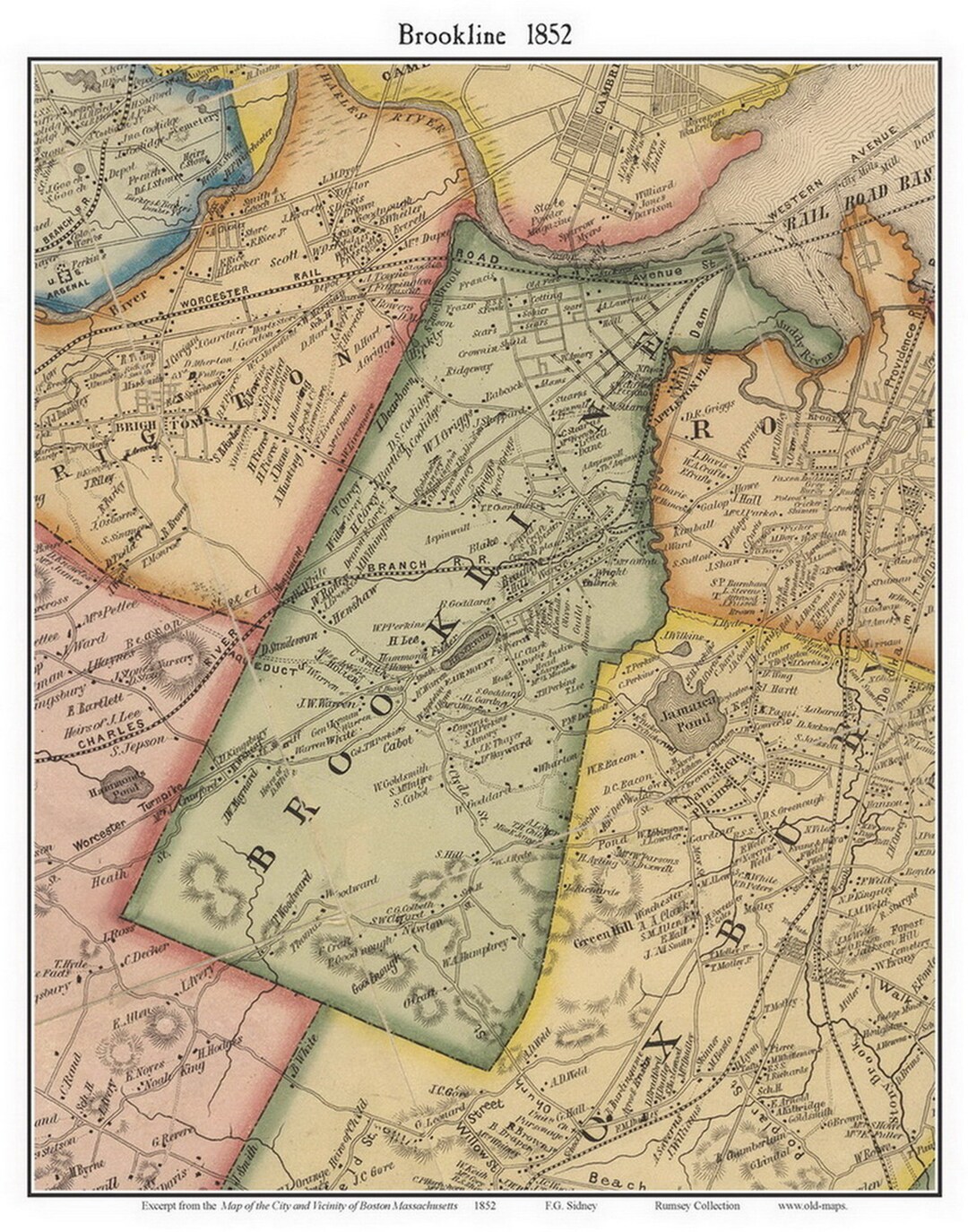Brookline 1852 Old Town Map With Homeowner Names Massachusetts ...