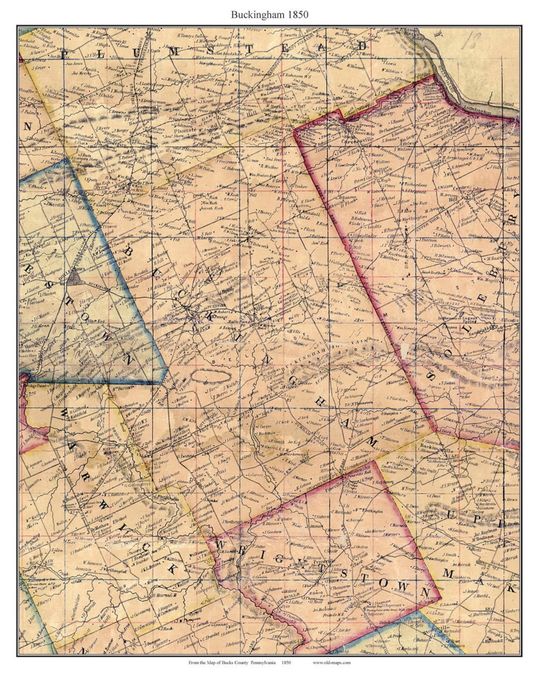 Buckingham 1850 Old Town Map With Homeowner Names - Pennsylvania ...