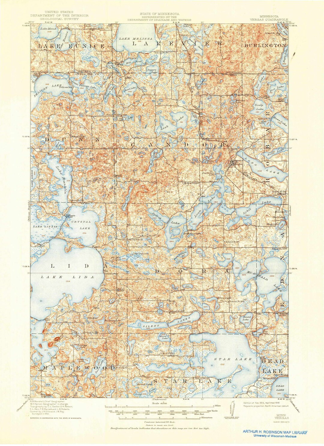 Vergas 1915 1946 Old Topo Map Lake Lida quad reprint USGS Topographic ...