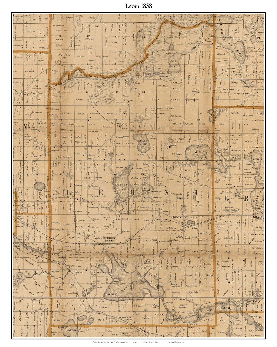 Leoni 1858 Old Town Map With Homeowner Names - Portage River - Michigan ...