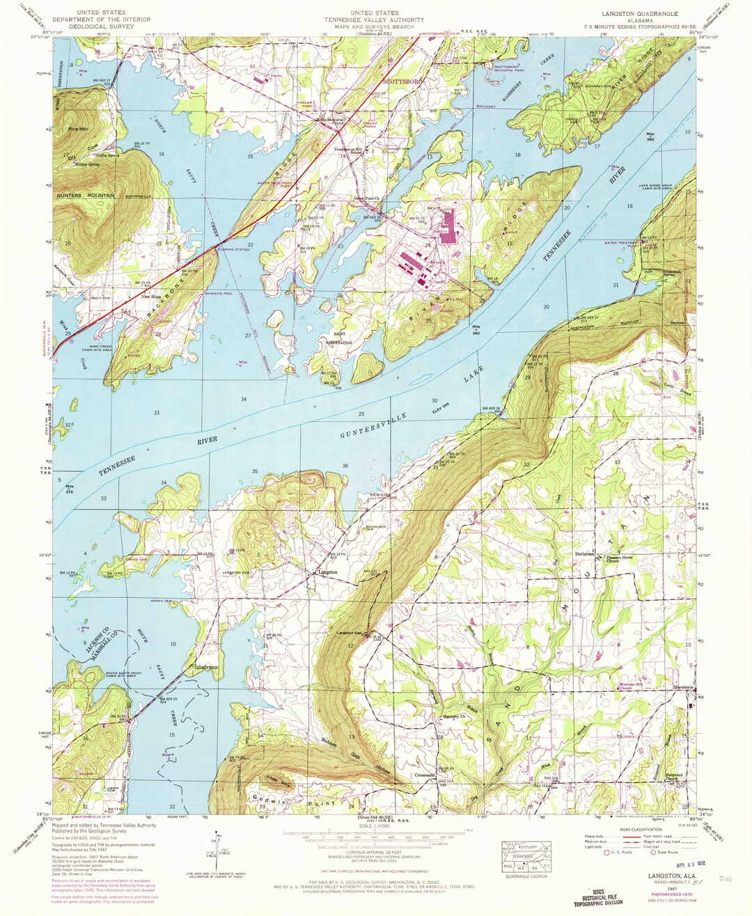 Langston 1947 (1972) Old Topo Map - Guntersville Lake - Scottsboro ...
