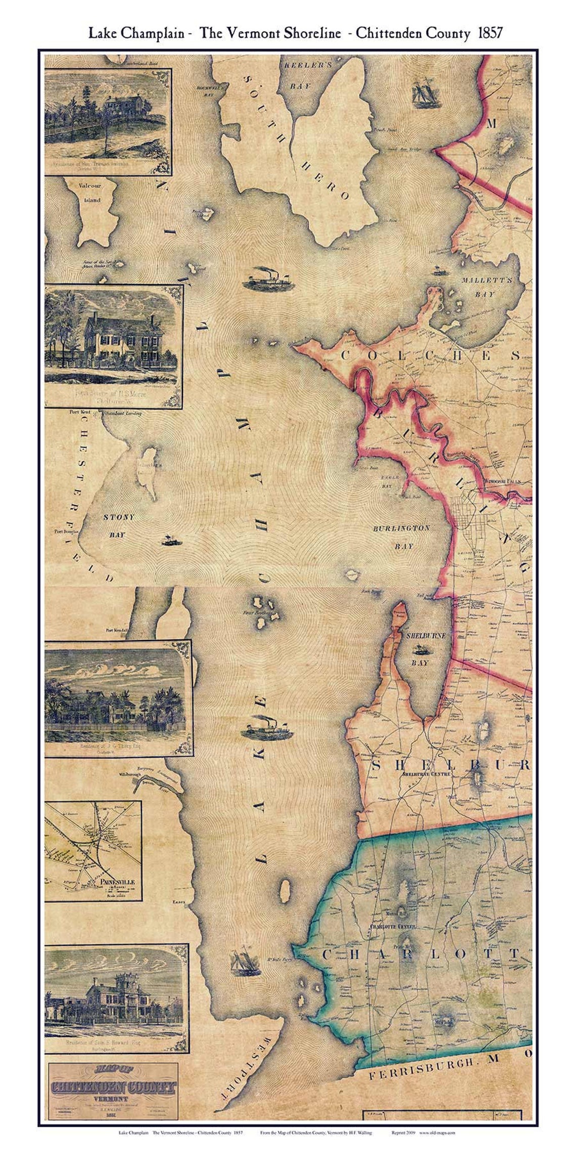 Lake Champlain & the Islands 1857 Map of Towns by Walling Composite Map ...