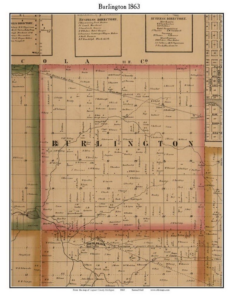 Burlington 1863 Old Town Map With Homeowner Names - Michigan - Reprint ...