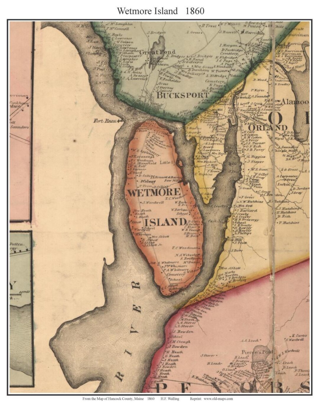 Wetmore Island 1860 Old Town Map With Homeowner Names Maine Bucksport ...