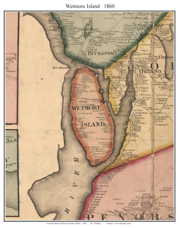 Wetmore Island 1860 Old Town Map With Homeowner Names Maine - Etsy