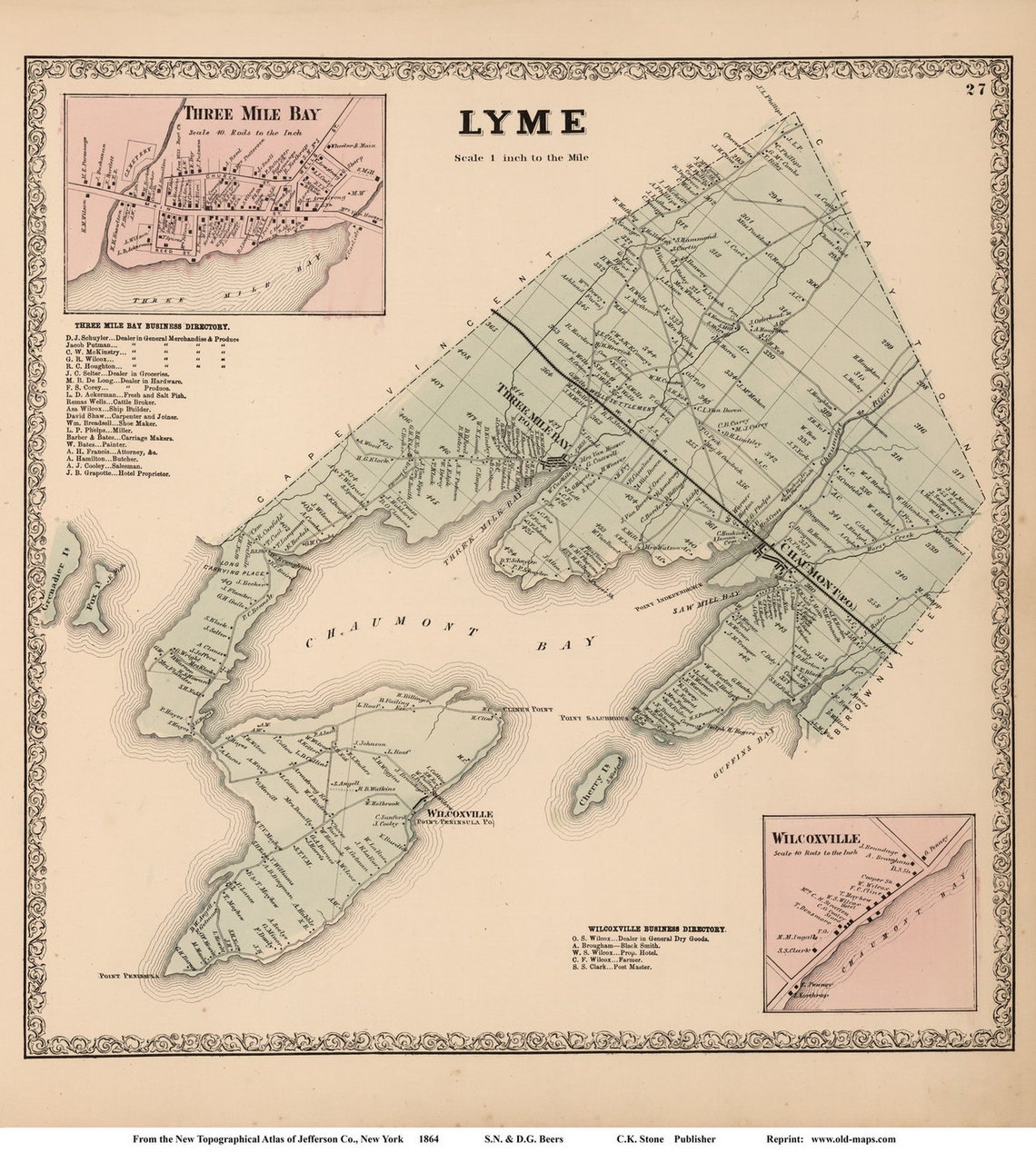 Lyme 1864 Old Town Map Reprint Three Mile Bay Wilcoxville - Etsy