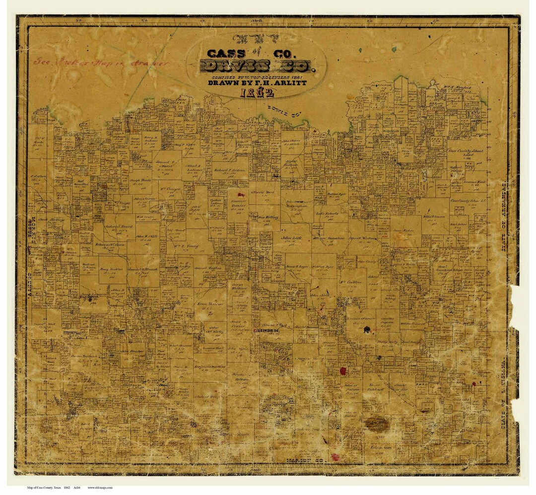 Cass County, Texas - 1862 - Old Wall Map Reprint With Land Owners Names ...