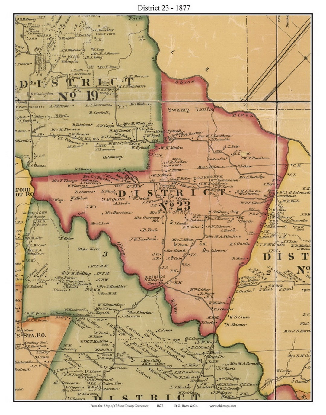 District 23 1877 Old Town Map With Homeowner Names Tennessee Gibson Co ...