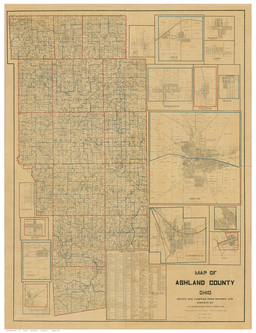 Ashland County Ohio 1897 - Old Wall Map Reprint With Homeowner Names ...