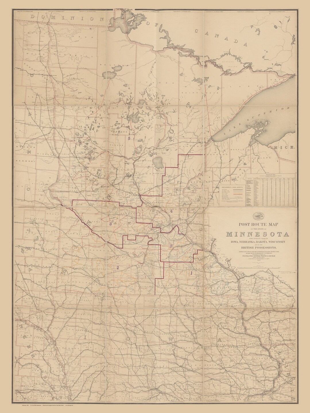 Minnesota 1883 Post Routes - State Map Reprint - Etsy
