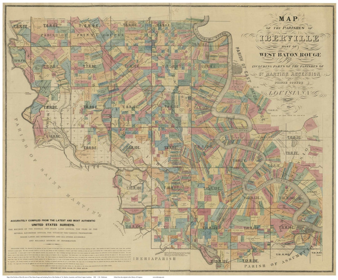 Iberville Parish Louisiana 1863 - Old County Wall Map With Landowner ...