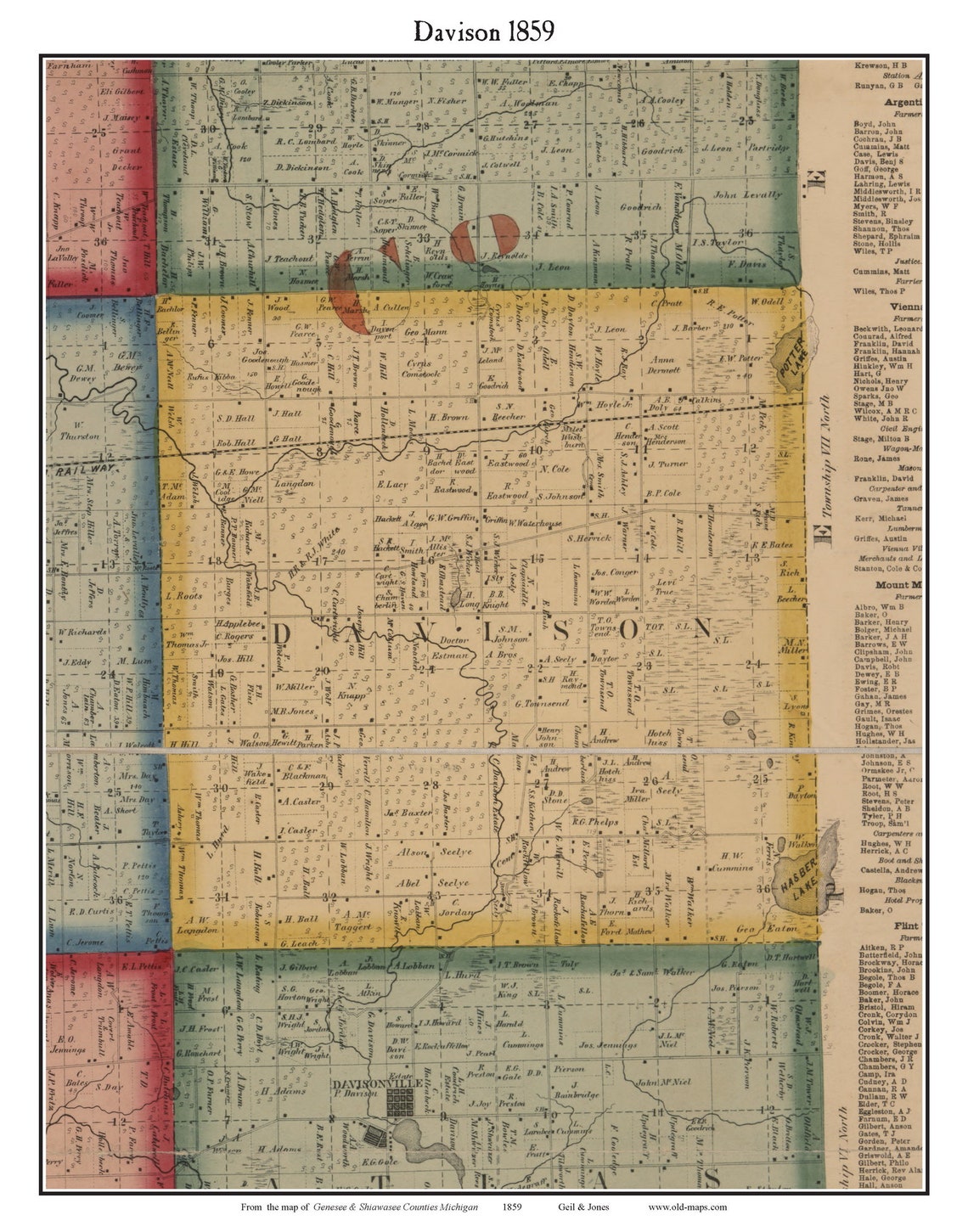 Davison 1859 Old Town Map With Homeowner Names - Potter Lake - Hasber ...
