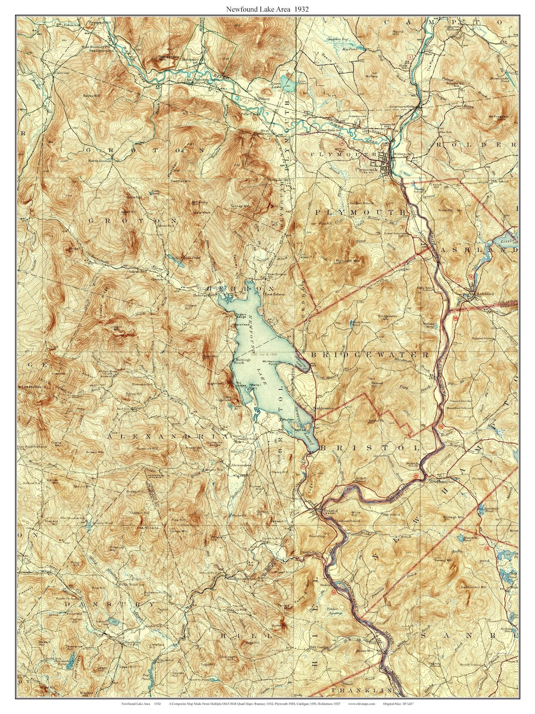 Newfound Lake - 1927 Old Topographic Map by USGS Custom Composite ...
