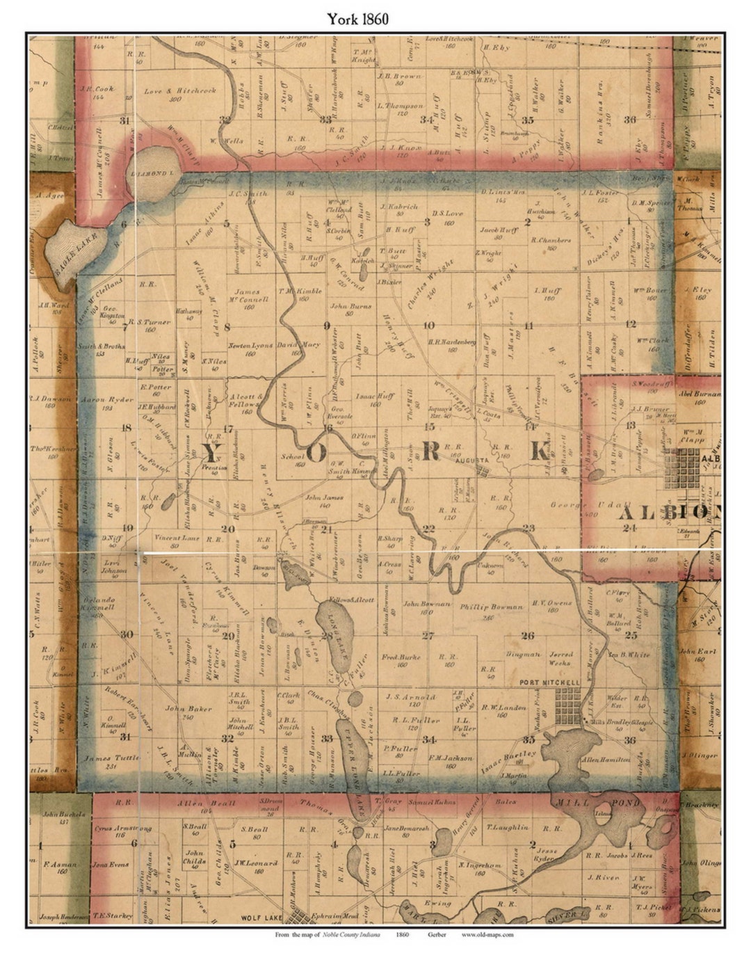 York 1860 Old Town Map With Homeowner Names Port Mitchell Mill Pond ...