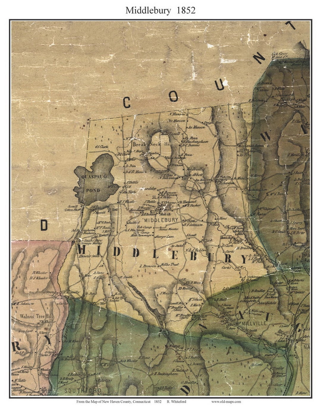 Middlebury 1852 Old Town Map With Homeowner Names Connecticut - Reprint ...