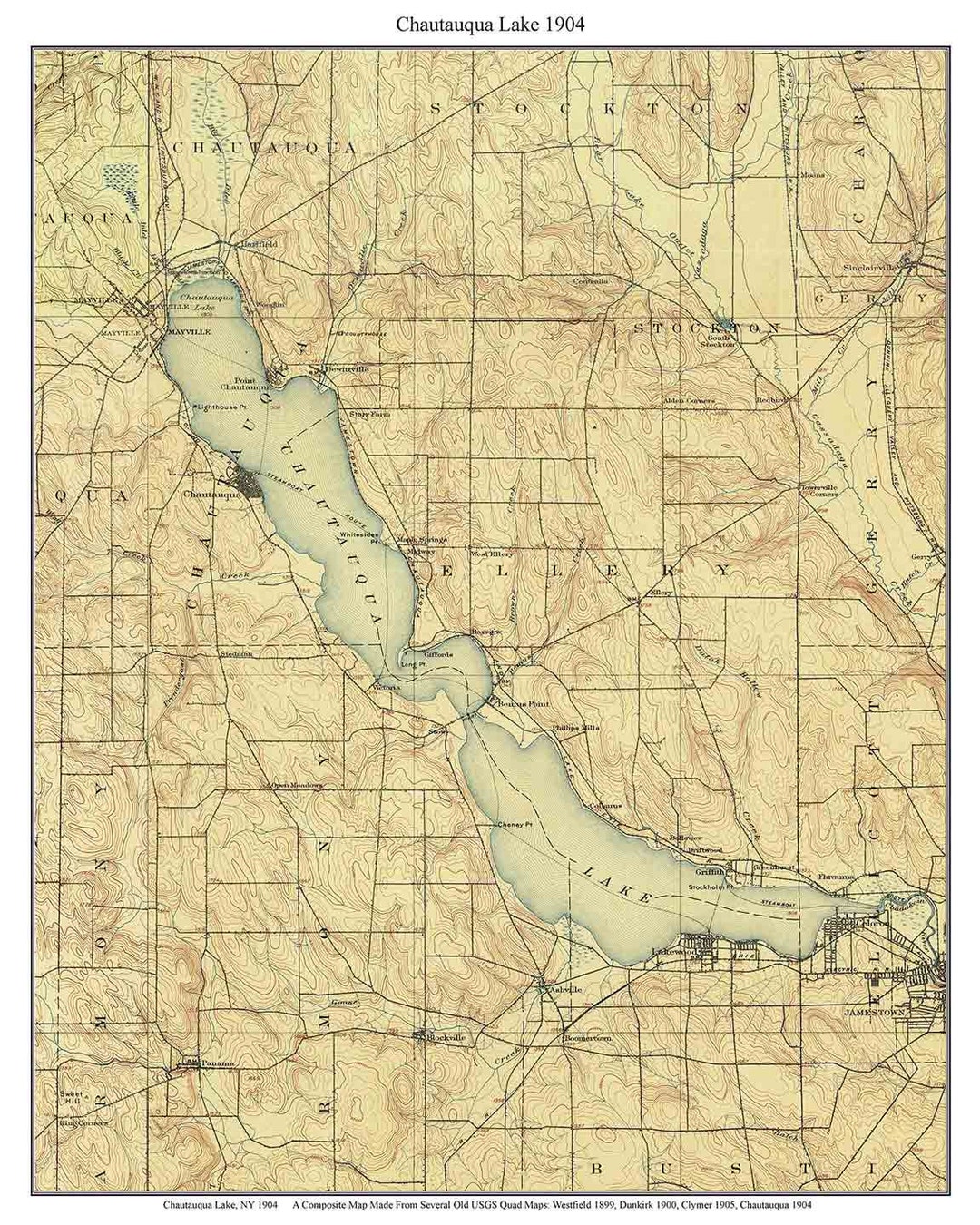 Chautauqua Lake - 1904 USGS Old Topographic Map Custom Composite ...
