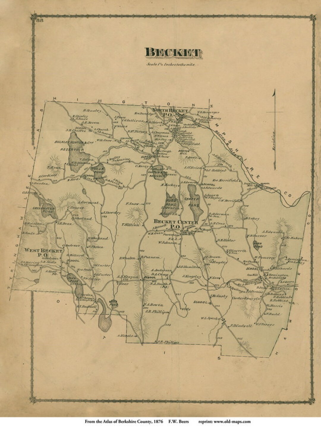 Becket 1876 Old Town Map Reprint Center Pond Berkshire - Etsy
