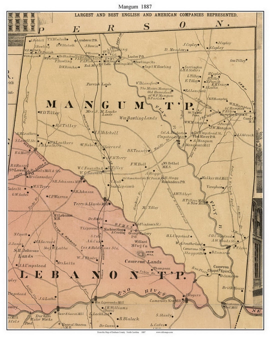 Mangum 1887 Old Town Map With Homeowner Names - North Carolina ...
