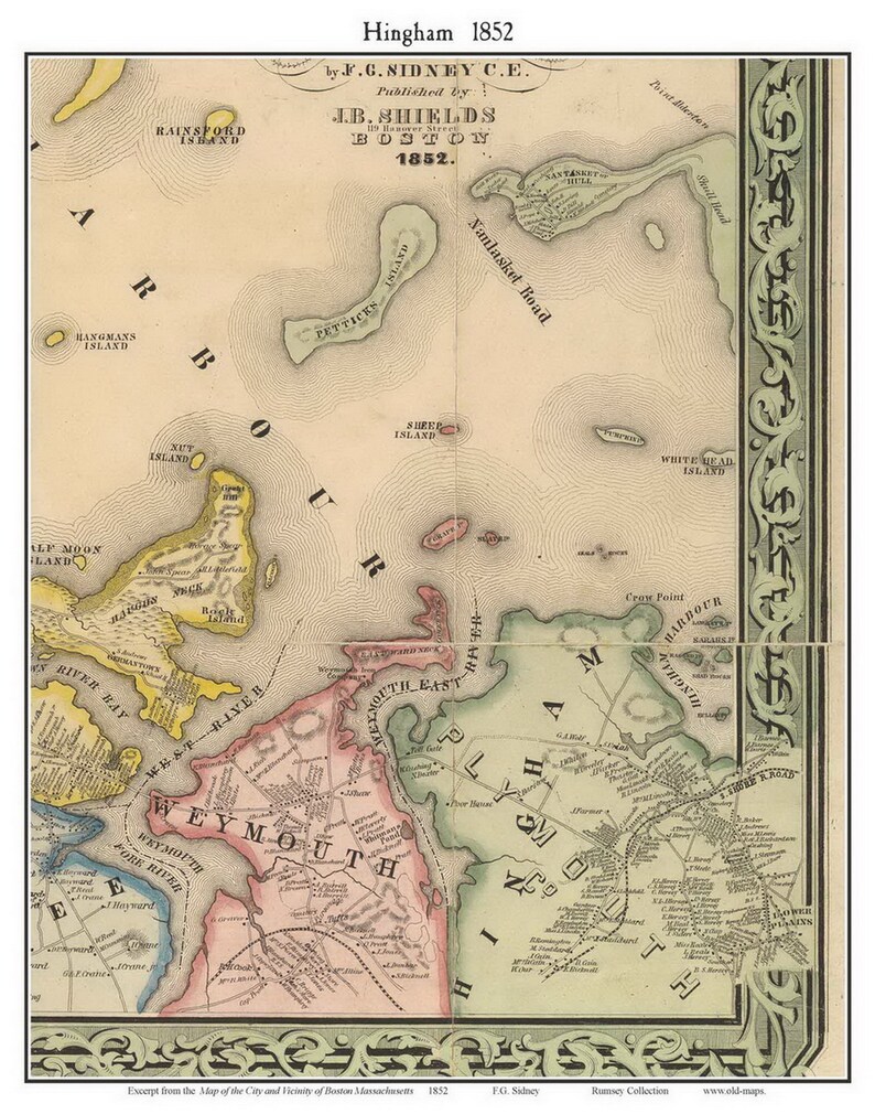 Hingham 1852 Old Town Map With Homeowner Names Massachusetts - Reprint ...