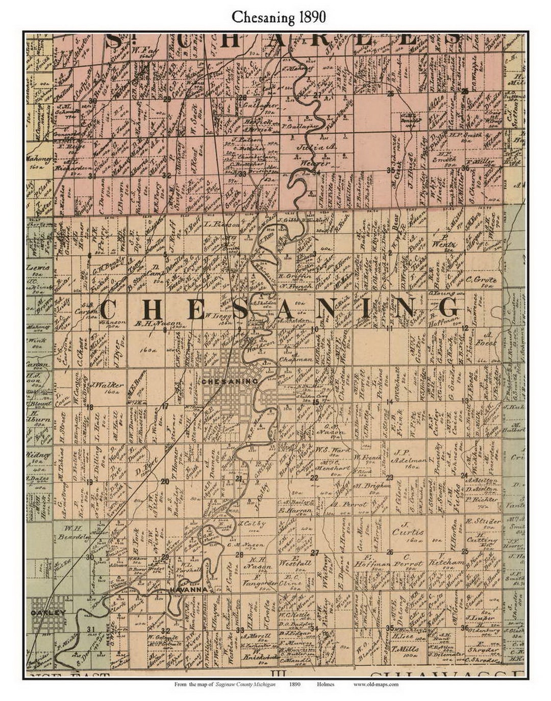 Chesaning 1890 Old Town Map With Homeowner Names - Michigan - Reprint ...