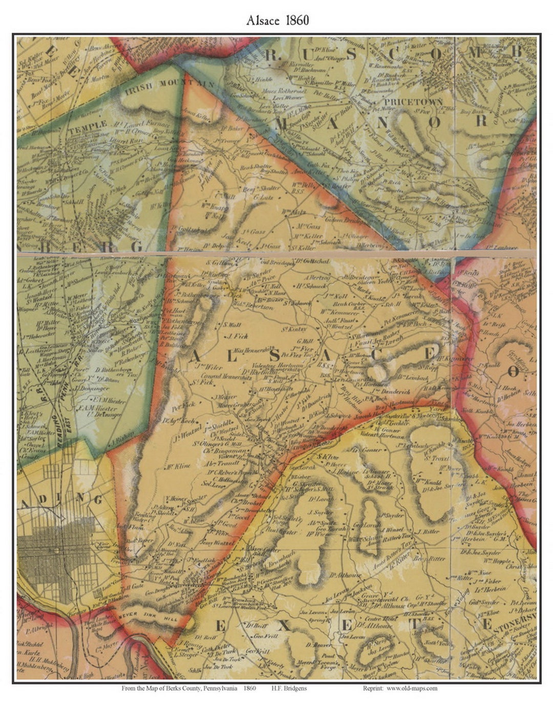 Alsace 1860 Old Town Map With Homeowner Names - Pennsylvania - Reprint ...