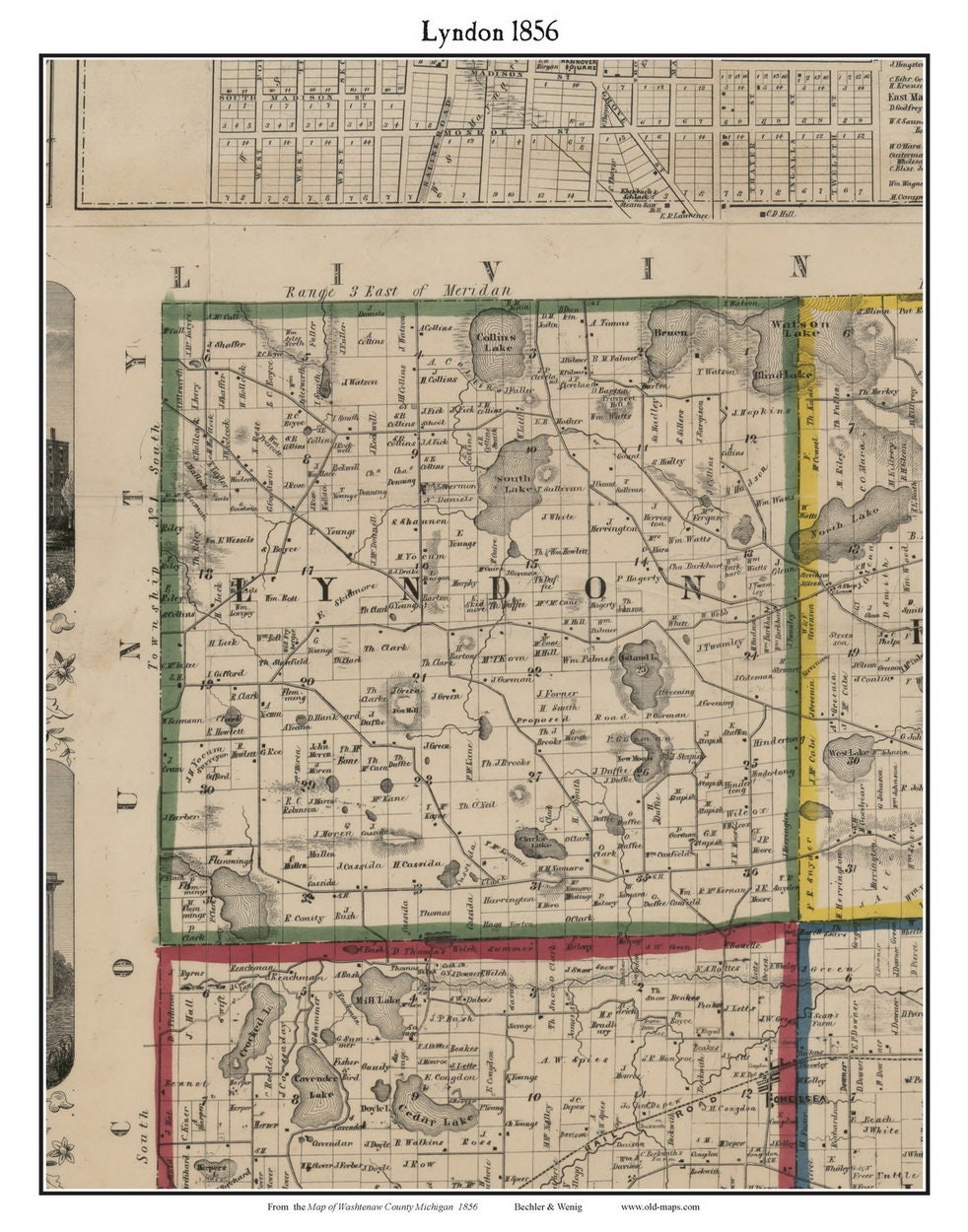 Lyndon 1856 Old Town Map With Homeowner Names Collins Lake South Lake ...