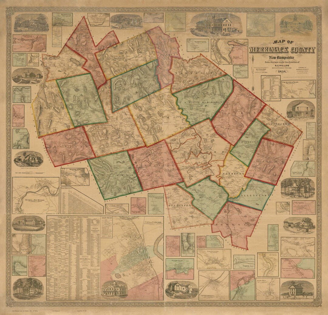 Merrimack County, New Hampshire 1858 - Old Wall Map Reprint With ...
