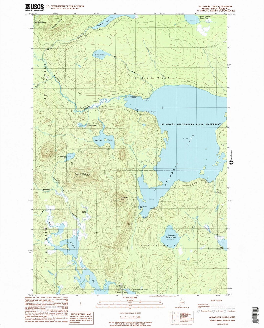 Allagash Lake 1989 Old Topo Map Poland Pond Johnson Pond 7x7 USGS ...