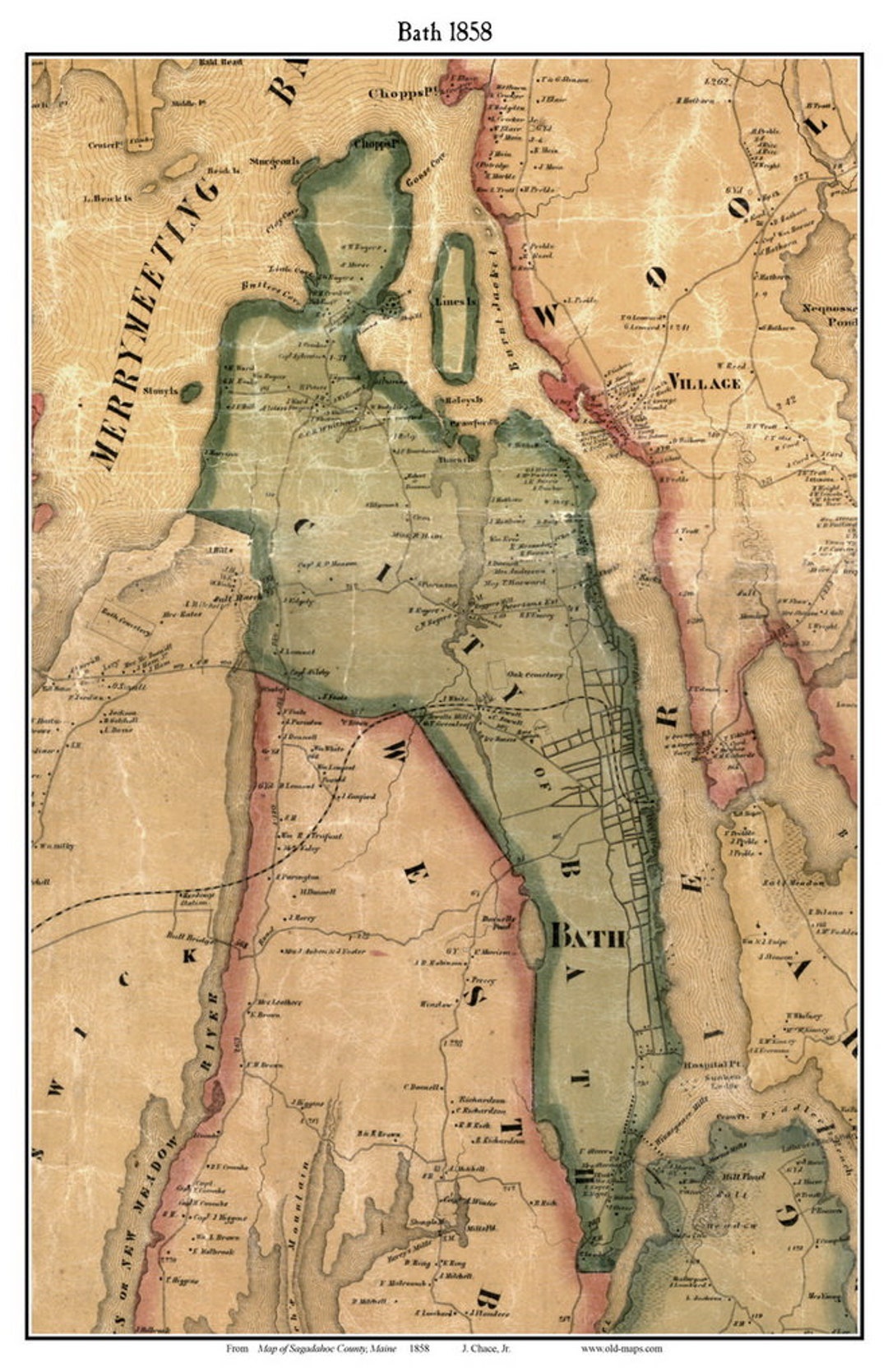 Bath 1858 Old Town Map With Homeowner Names Maine Merrymeeting Bay New ...