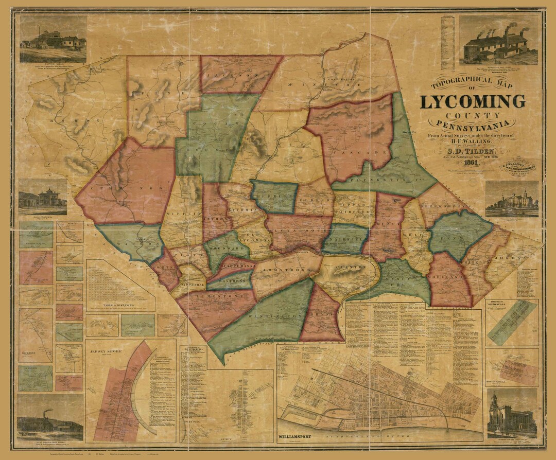 Lycoming County Pennsylvania 1861 - Wall Map With Homeowner Names ...
