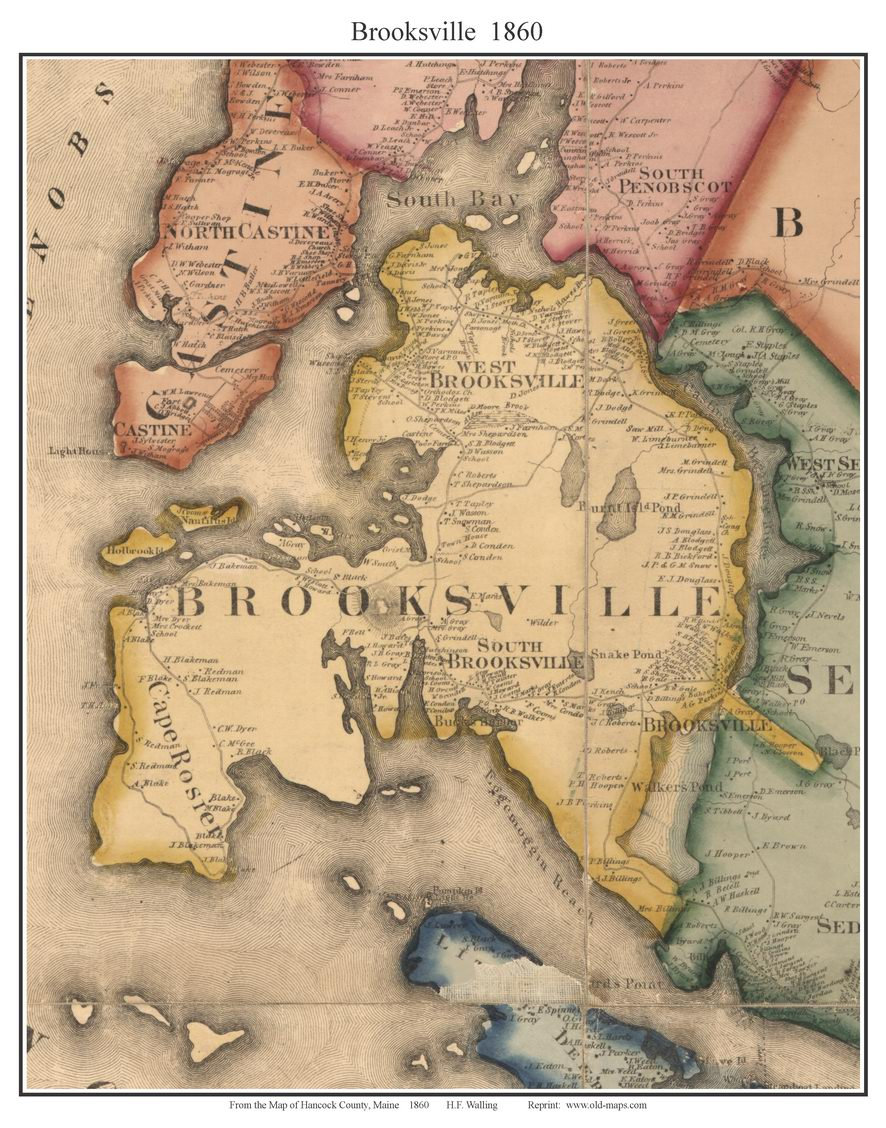 Brooksville 1860 Old Town Map With Homeowner Names Cape Rosier - Etsy