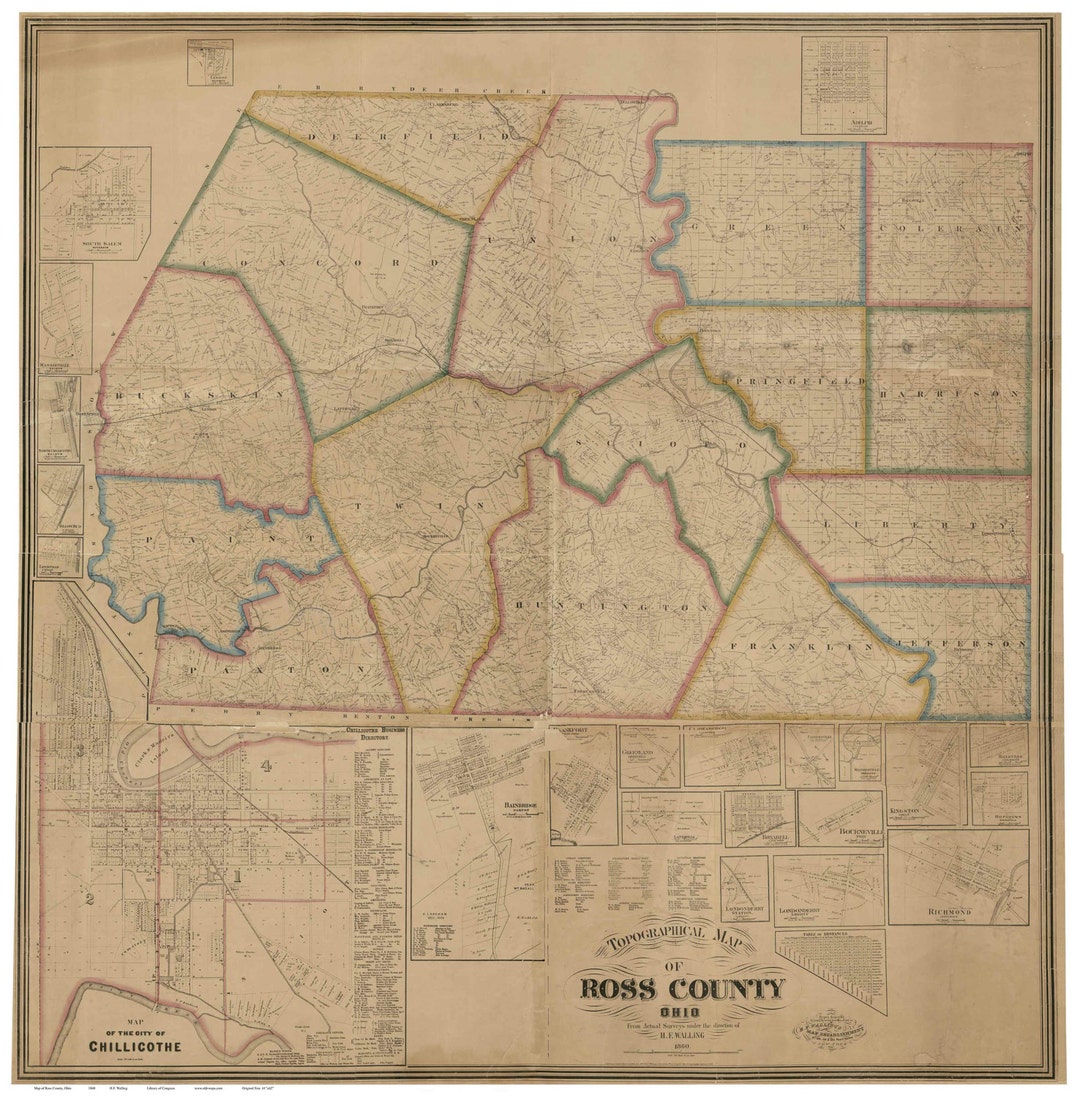 Ross County Ohio 1860 - Old Wall Map Reprint With Homeowner Names ...