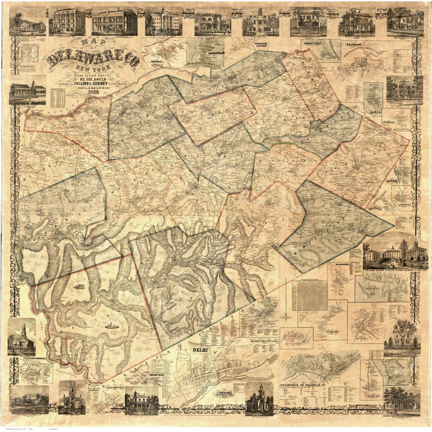 Delaware County New York 1856 Wall Map Reprint with | Etsy