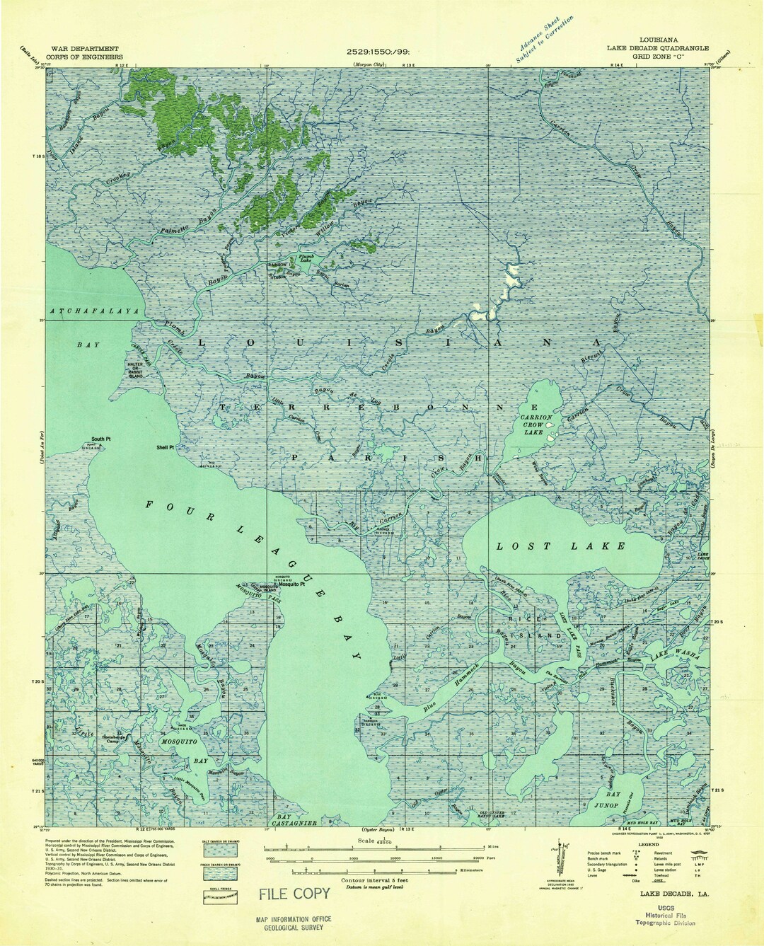 Lake Decade 1932 Old Topo Map Atchafalaya Bay - Quad Reprint -15x15 ...