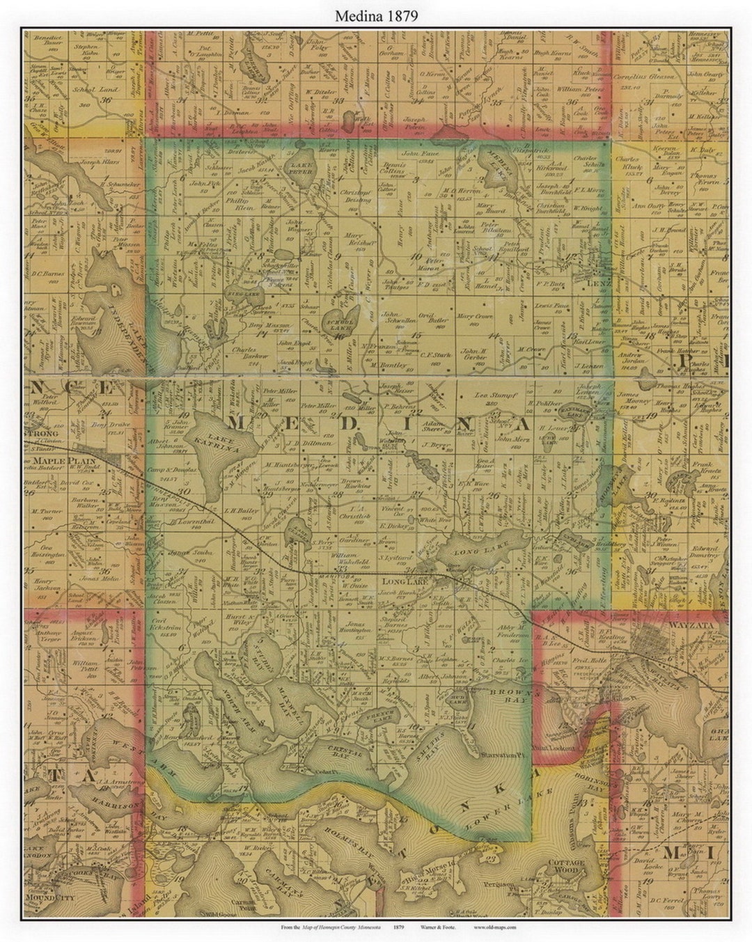 Medina 1879 Old Town Map With Homeowner Names Minnesota Lake Minnetonka ...