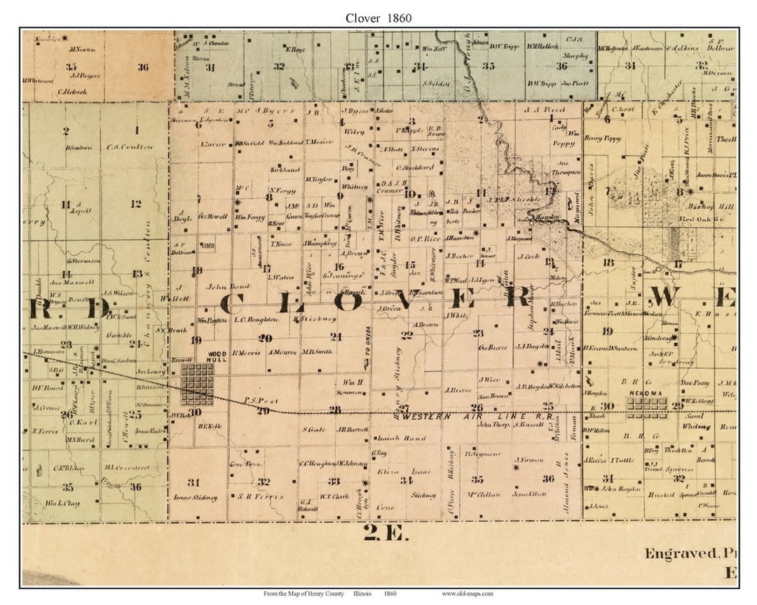 Clover 1860 - Old Town Map With Homeowner Names Reprint Genealogy ...