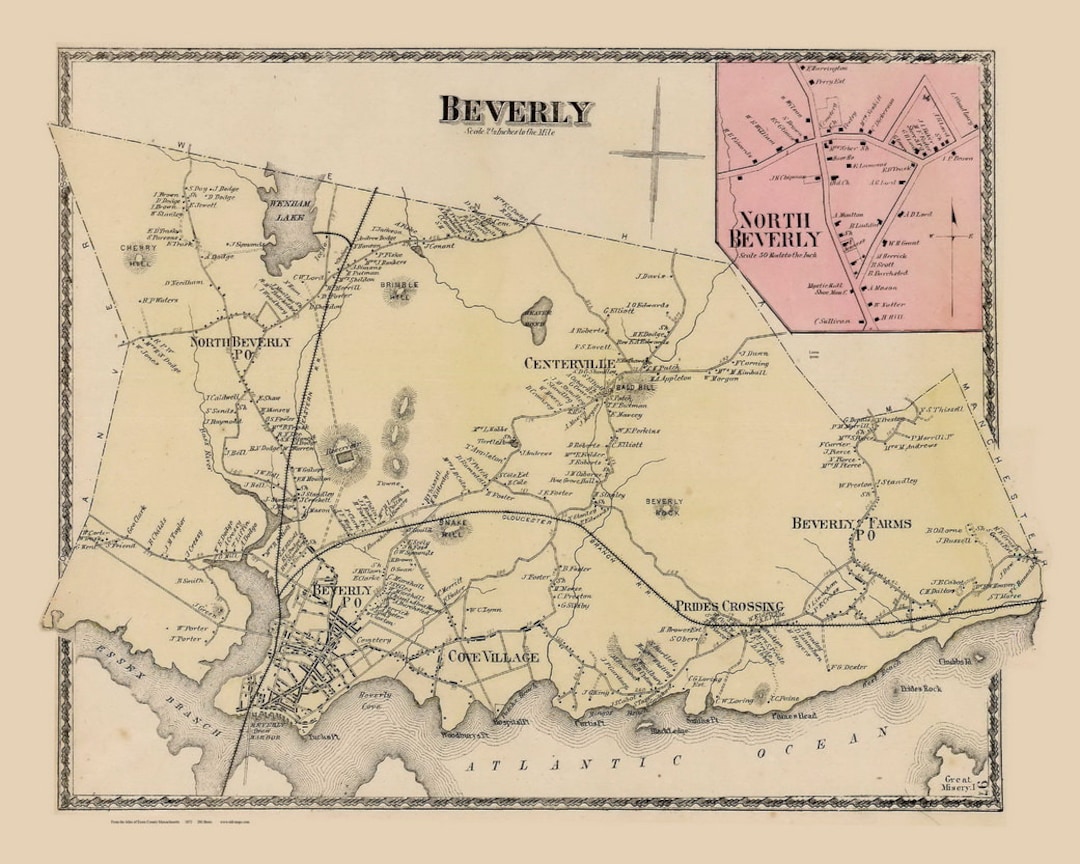 Beverly 1872 - Old Town Map Reprint - North Beverly, Prides Crossing ...